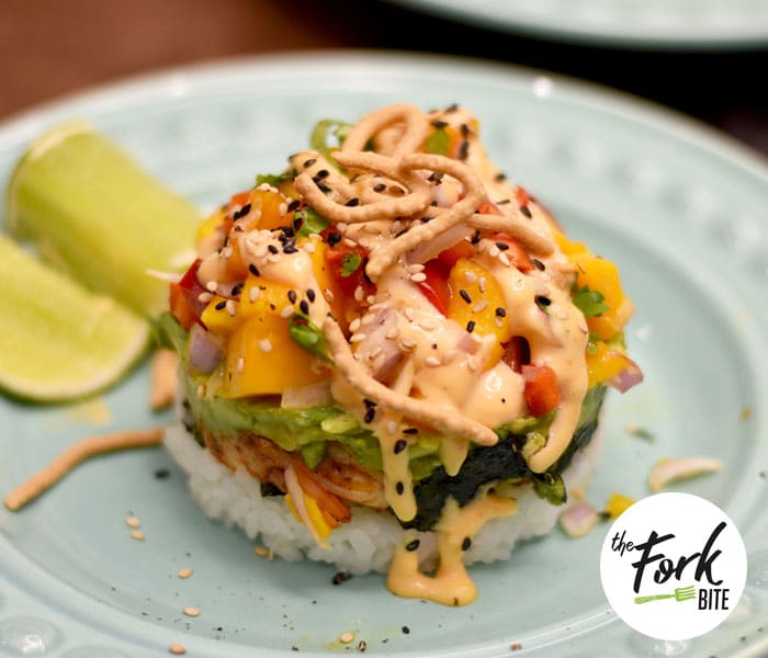 Shrimp Stacked Sushi Recipe With Mango Salsa | The Fork Bite